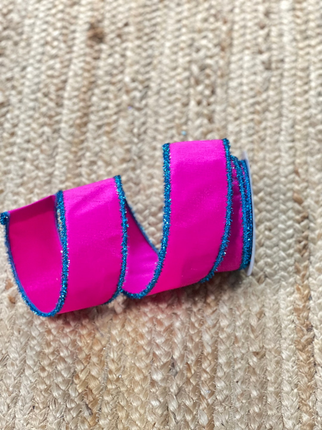 2.5 Inch Hot Pink With Blue Tinsel Edge Ribbon 10 Yards Wired - Etsy