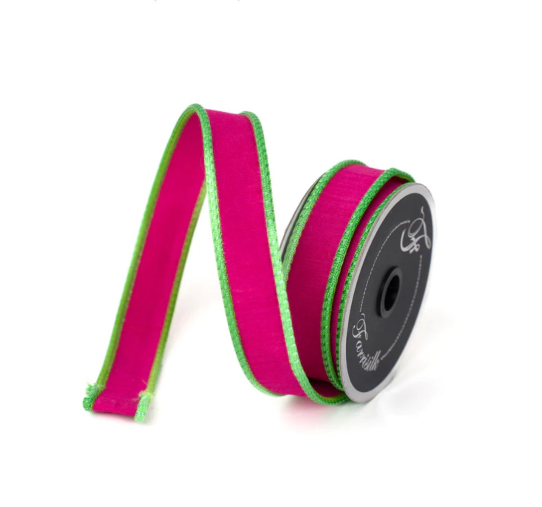 1 Inch Hot Pink & Lime 2 Tone Accent Cord Ribbon Farrisilk Wired 10 ...