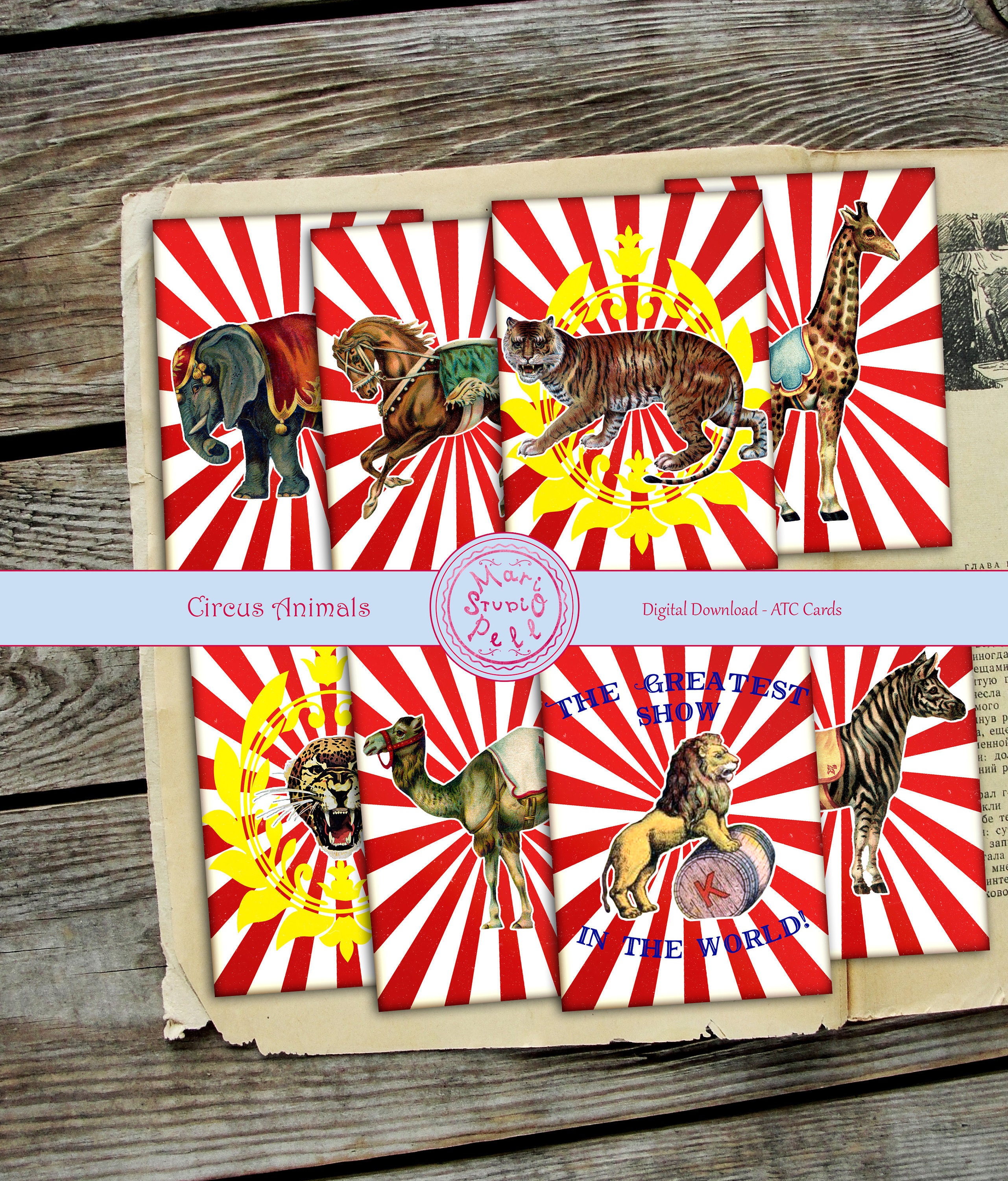 Vintage Circus Circus Animals Cards, Digital Collage Sheet Digital ...