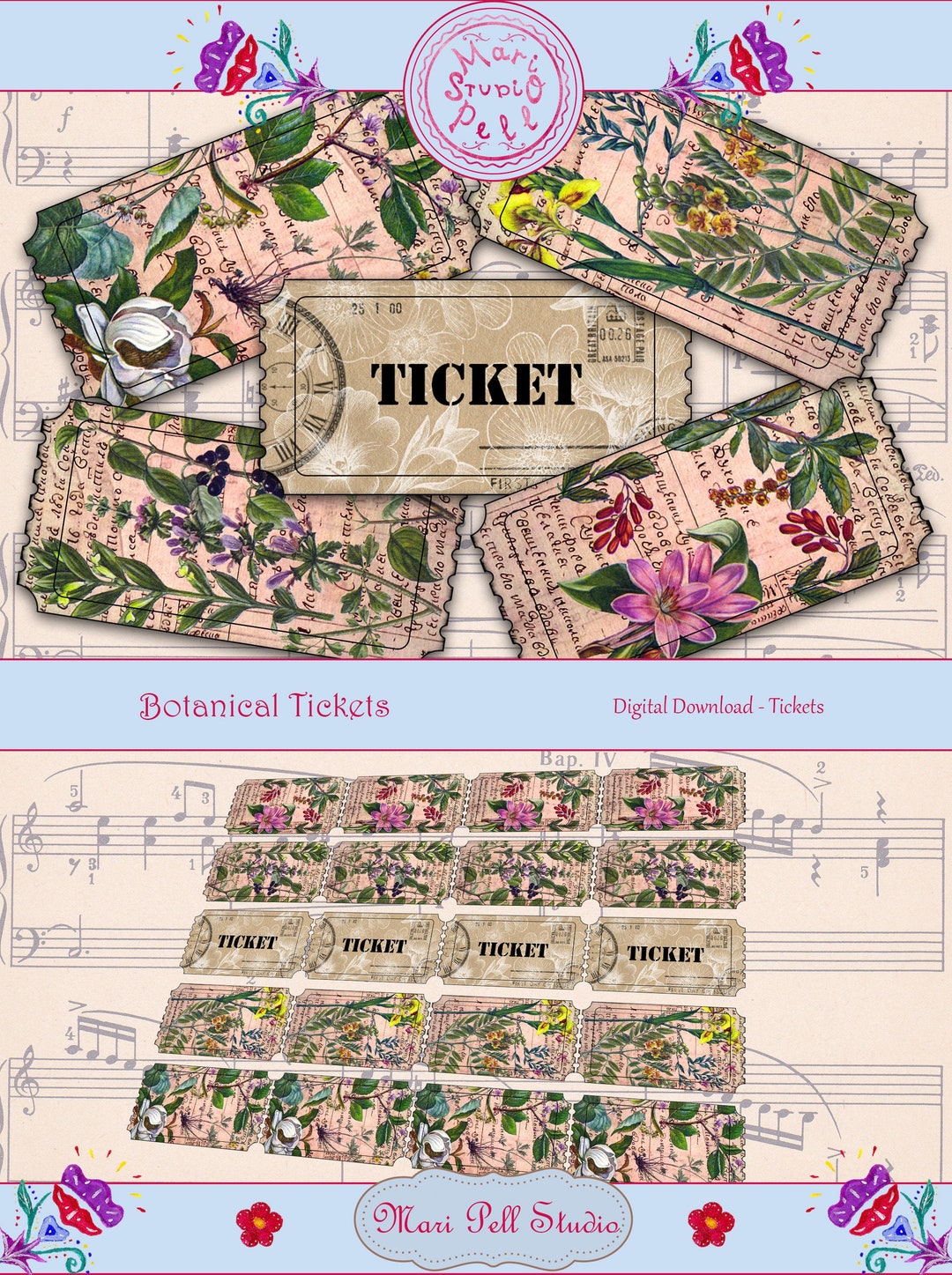 Botanical Tickets, Vintage Tickets, Digital Collage Sheet, Instant ...