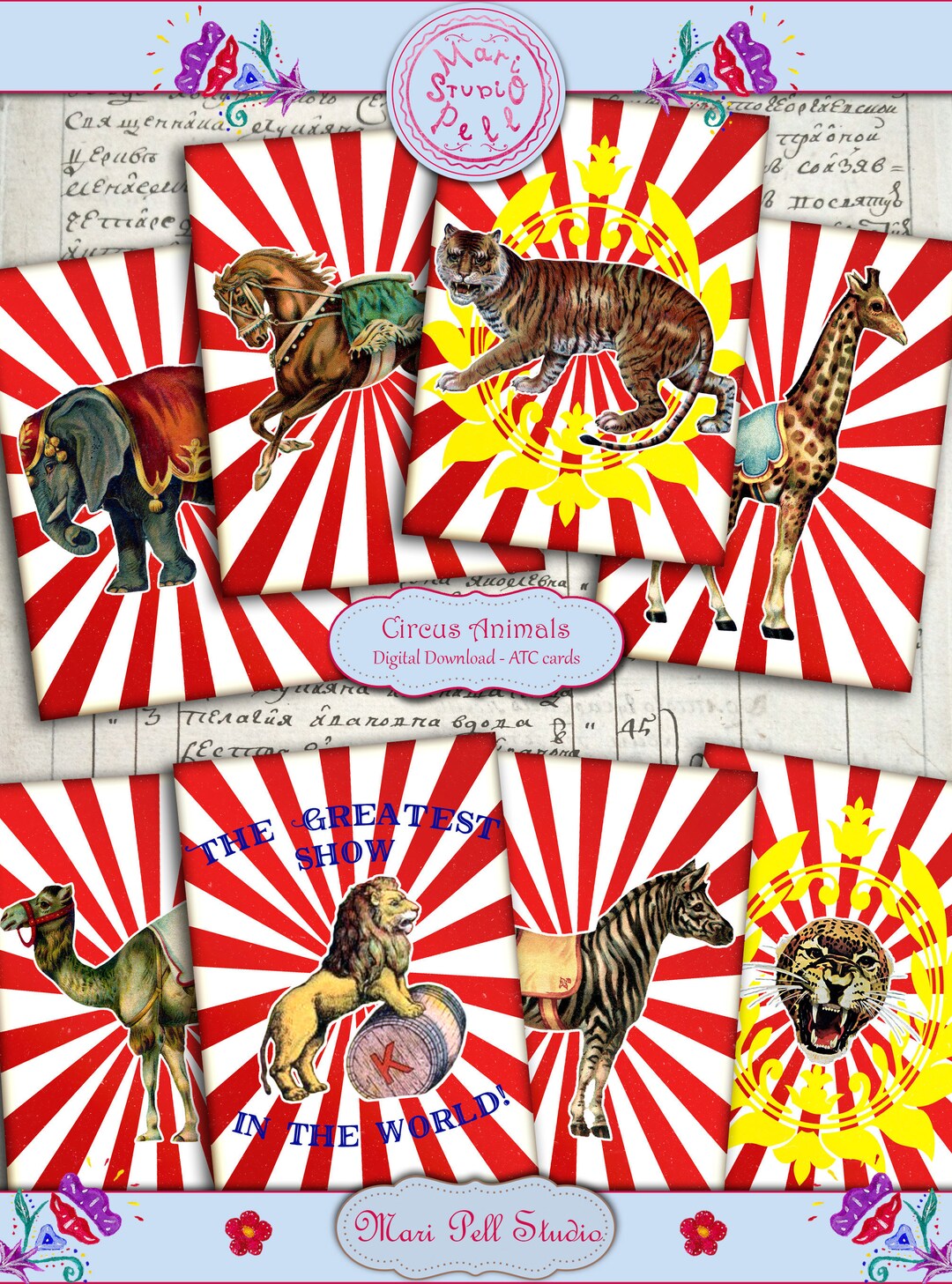 Vintage Circus - Circus Animals Cards, Digital Collage Sheet Digital ...