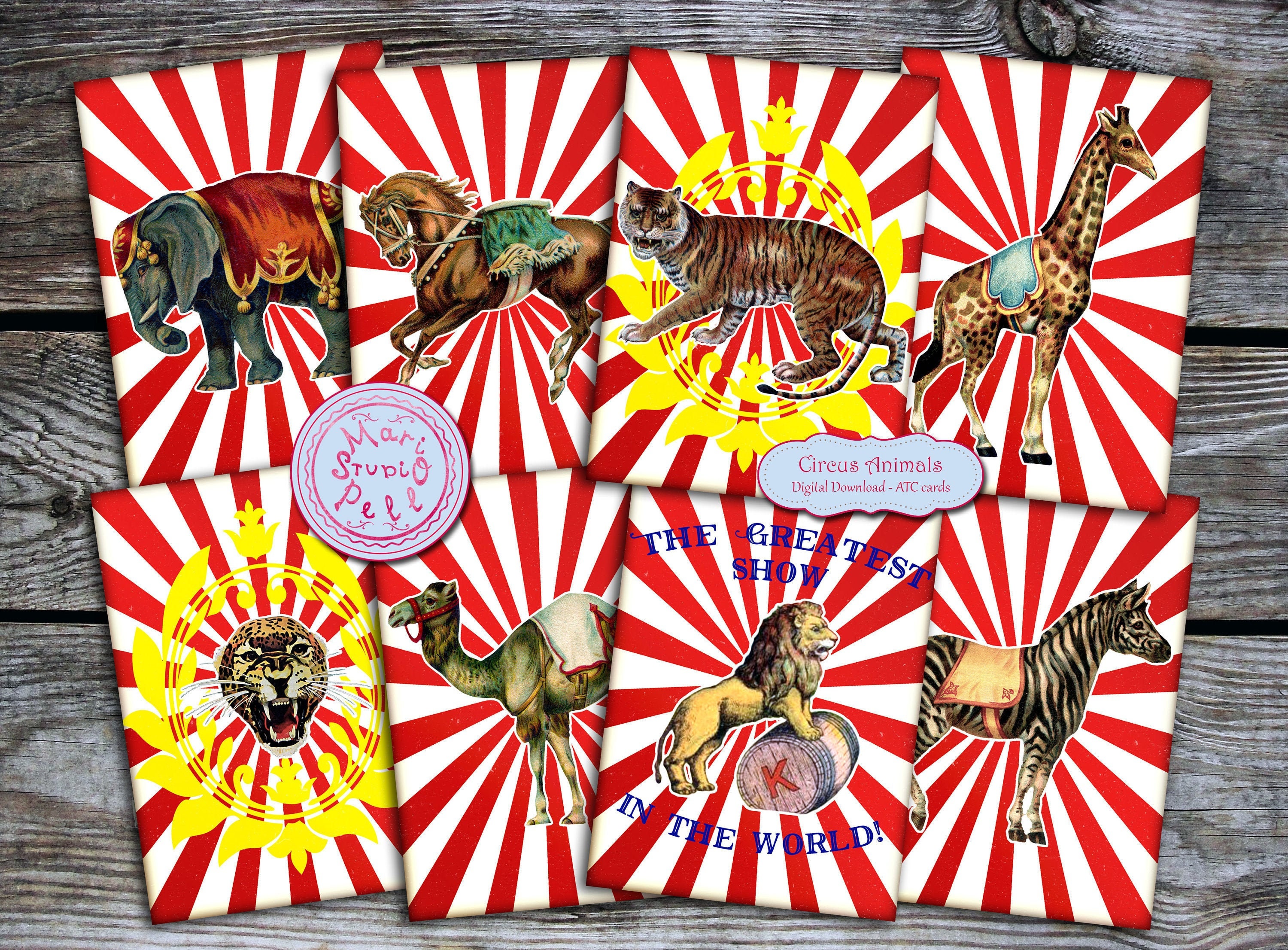 Vintage Circus Circus Animals Cards, Digital Collage Sheet Digital ...