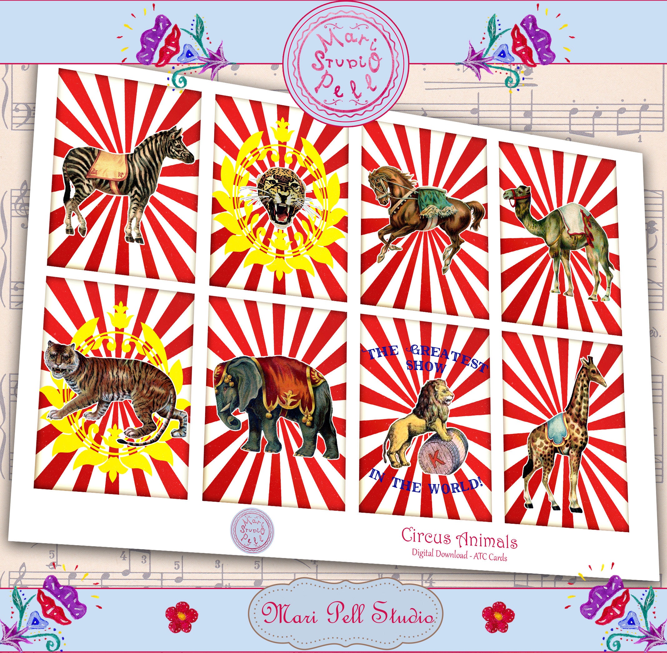 Vintage Circus Circus Animals Cards, Digital Collage Sheet Digital ...