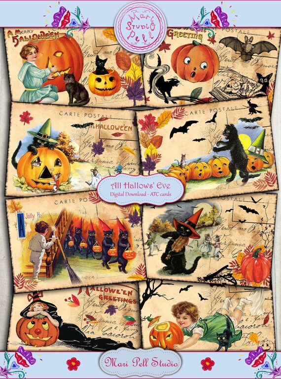 Halloween Card Set Printable Black Cat ACEO Halloween ATC | Etsy