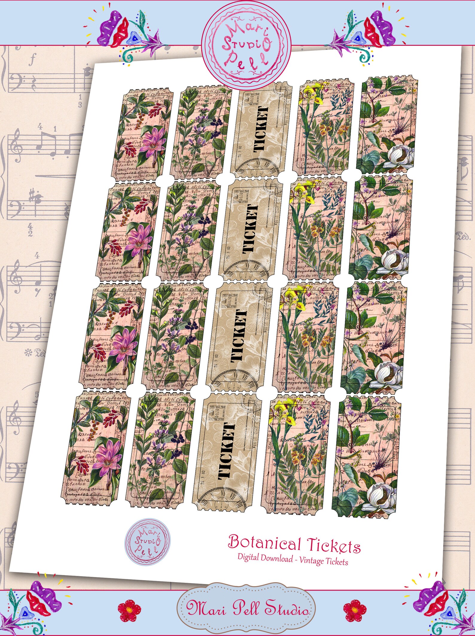 Botanical Tickets, Vintage Tickets, Digital Collage Sheet, Instant ...