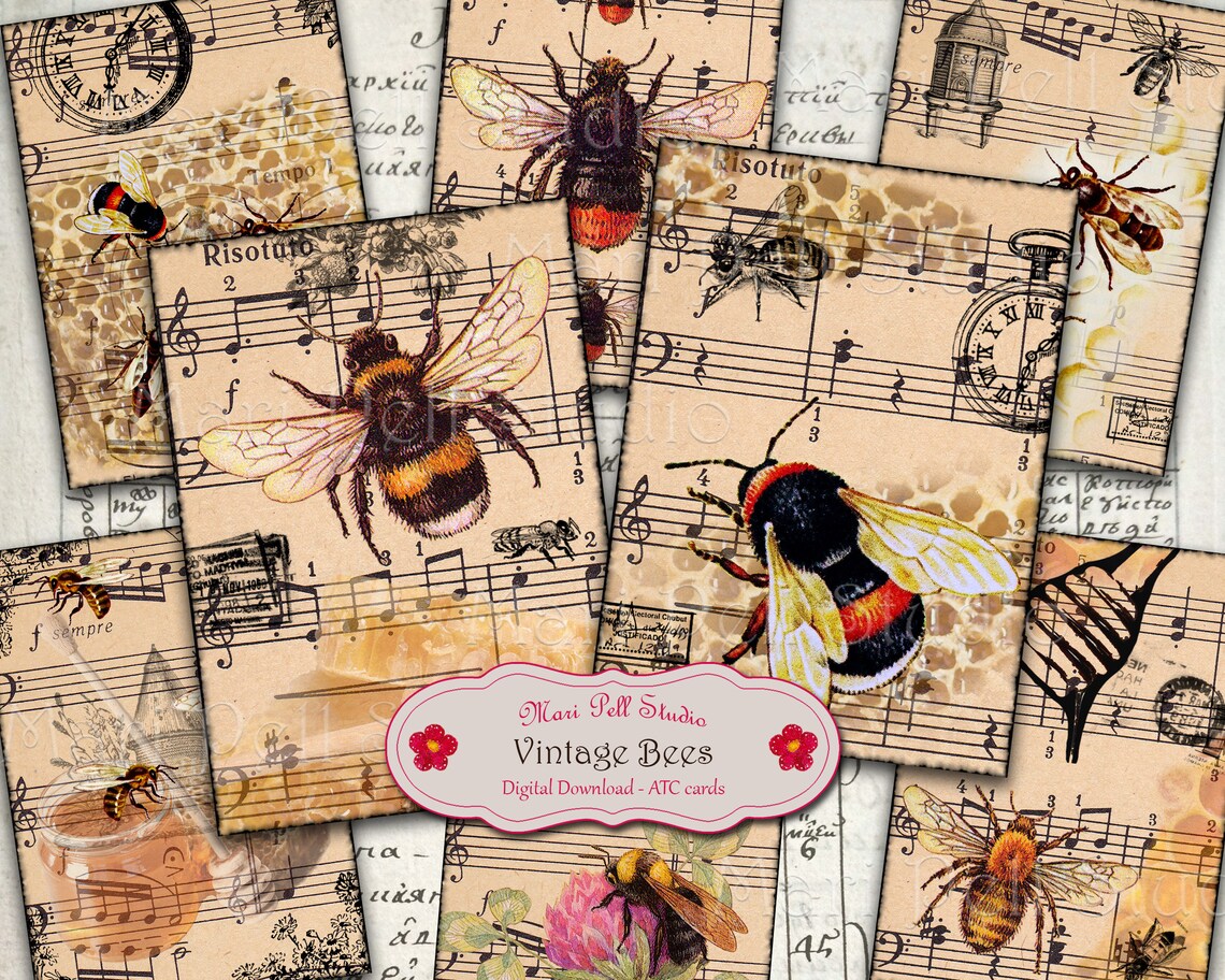 Bee Card Set Printable, Honey ACEO, Bee ATC 2.5x3.5, Insect Digital ...