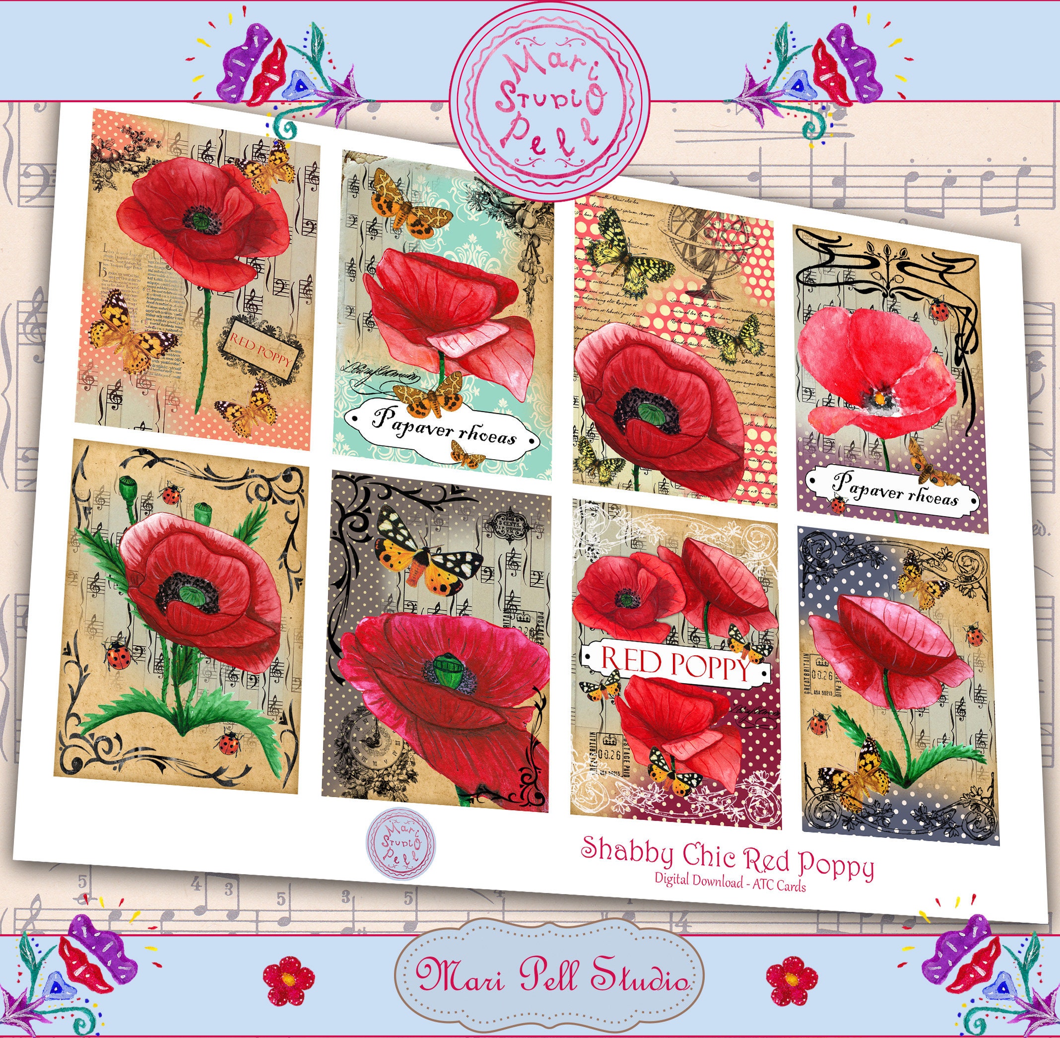 Red Poppy Card Set Printable, Papaver ACEO, Poppy ATC 2.5x3.5, Flower ...