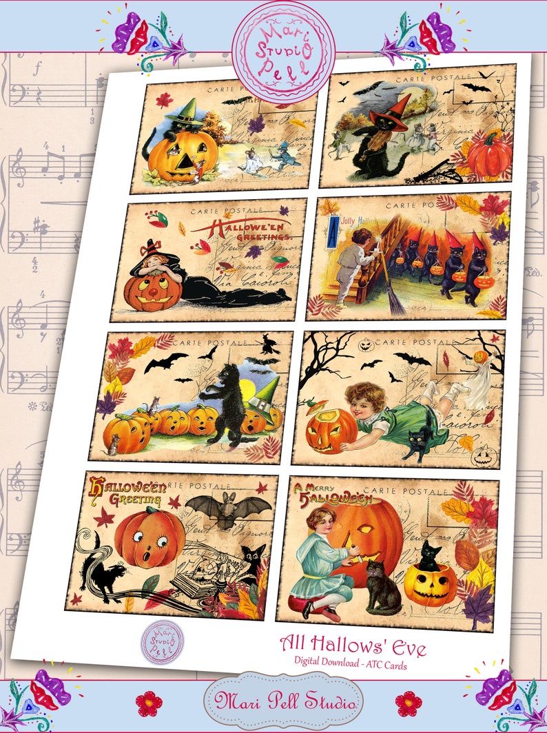 Halloween Card Set Printable, Black Cat ACEO, Halloween ATC 2.5”x3.5 ...