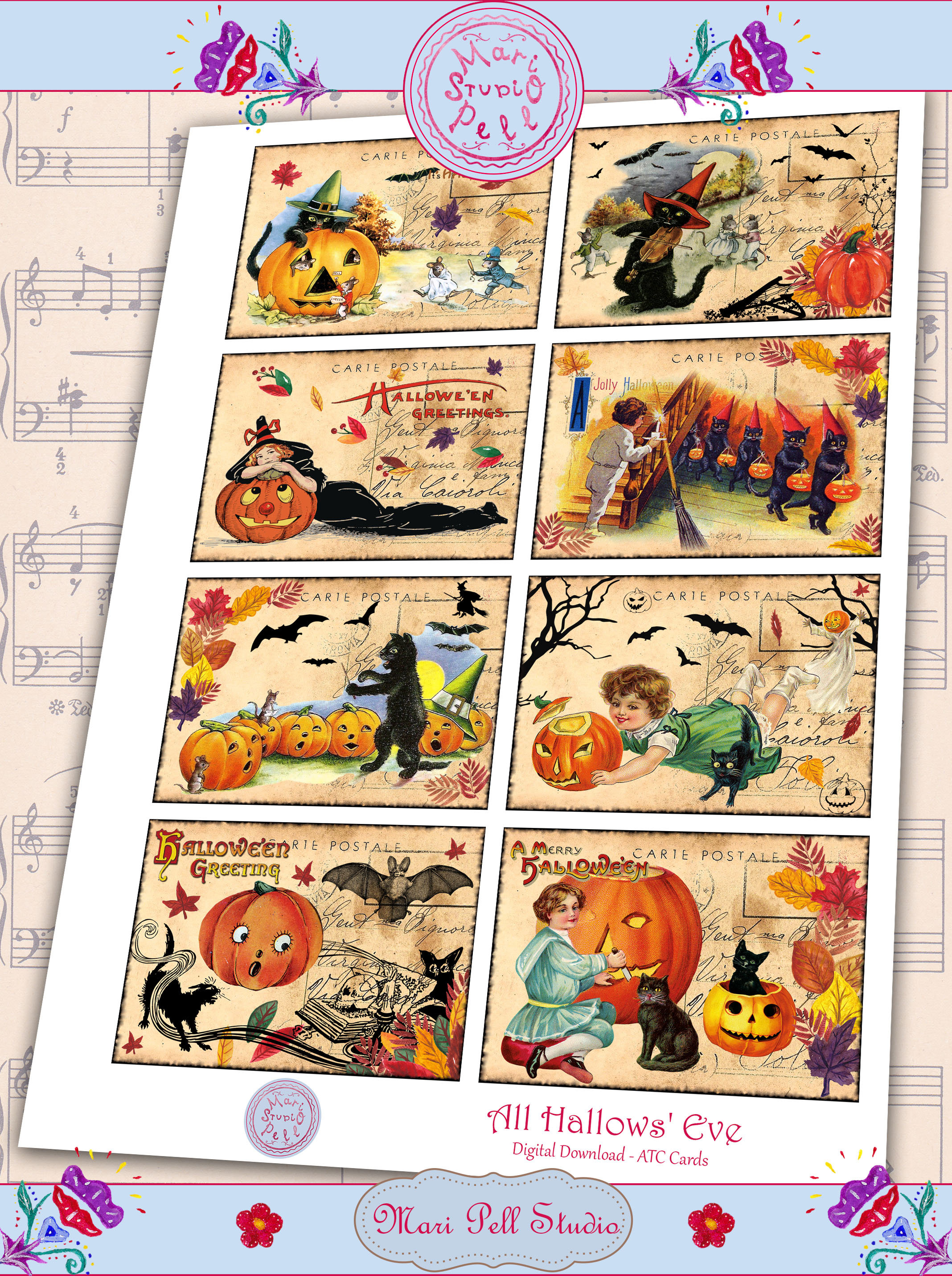 Halloween Card Set Printable, Black Cat ACEO, Halloween ATC 2.5x3.5 ...