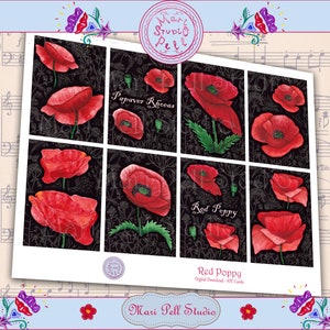 Red Poppy Card Set Printable, Papaver ACEO, Poppy ATC 2.5x3.5, Flower ...