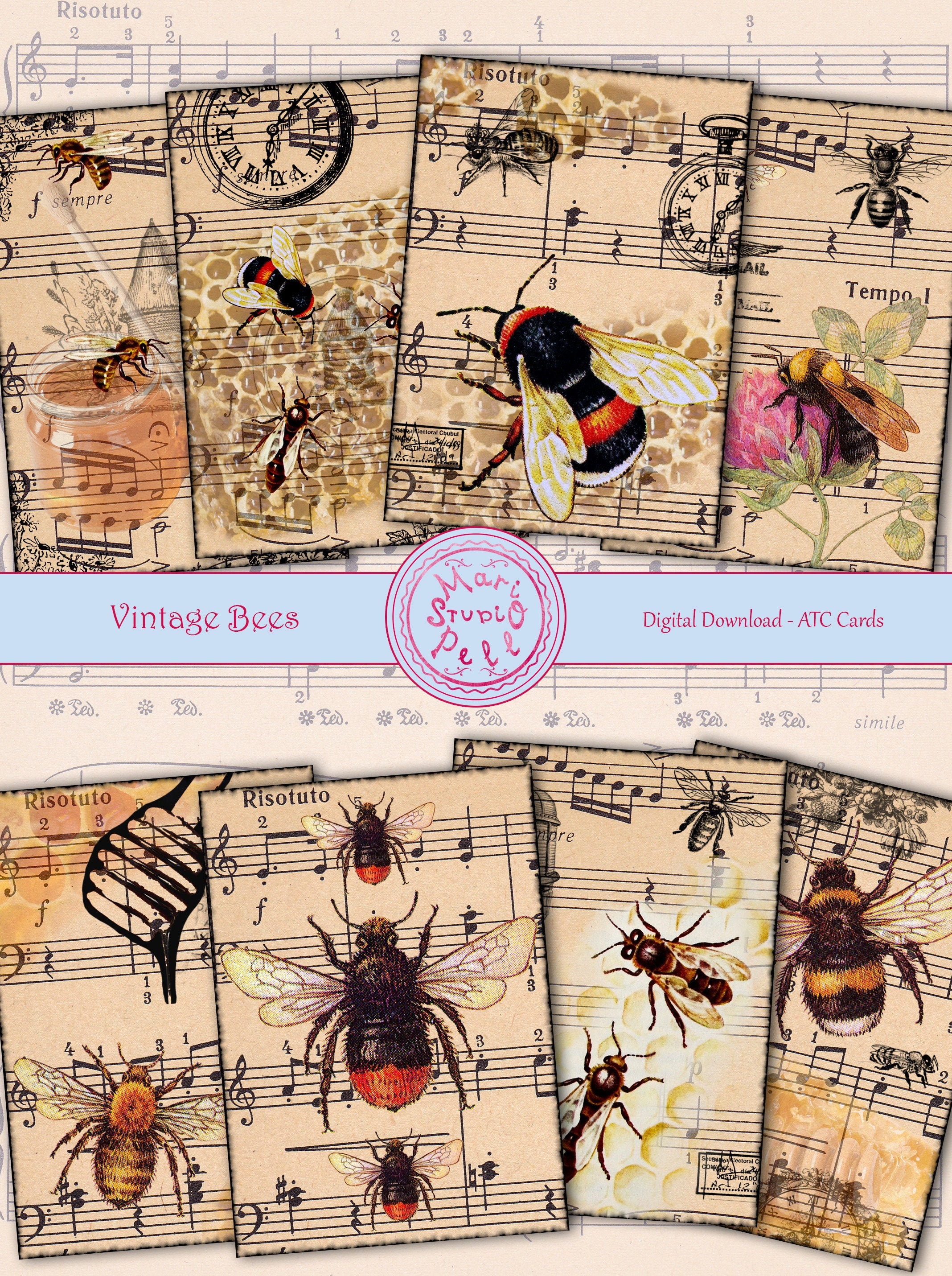 Bee Card Set Printable, Honey ACEO, Bee ATC 2.5x3.5, Insect Digital ...