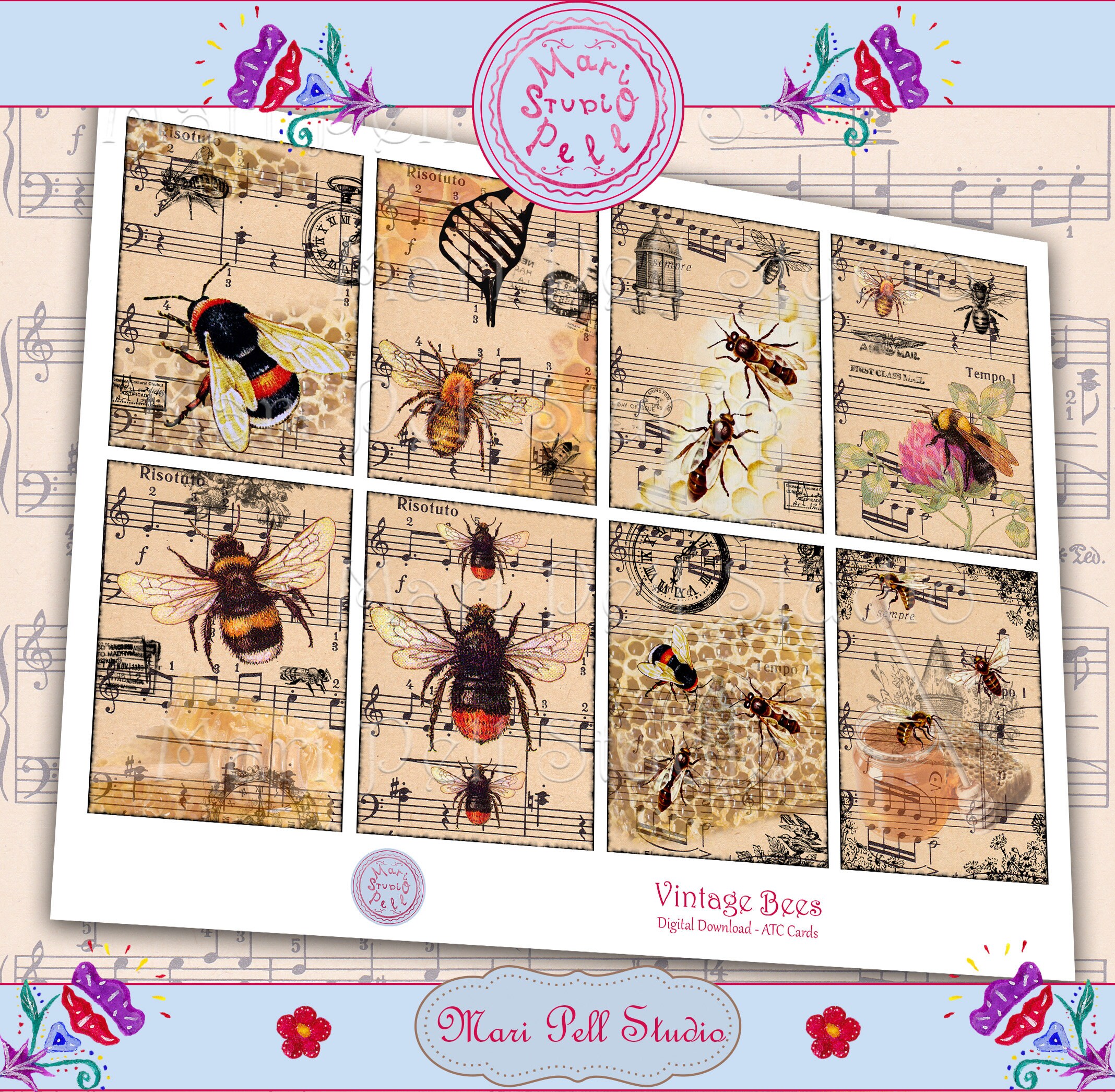 Bee Card Set Printable, Honey ACEO, Bee ATC 2.5x3.5, Insect Digital ...