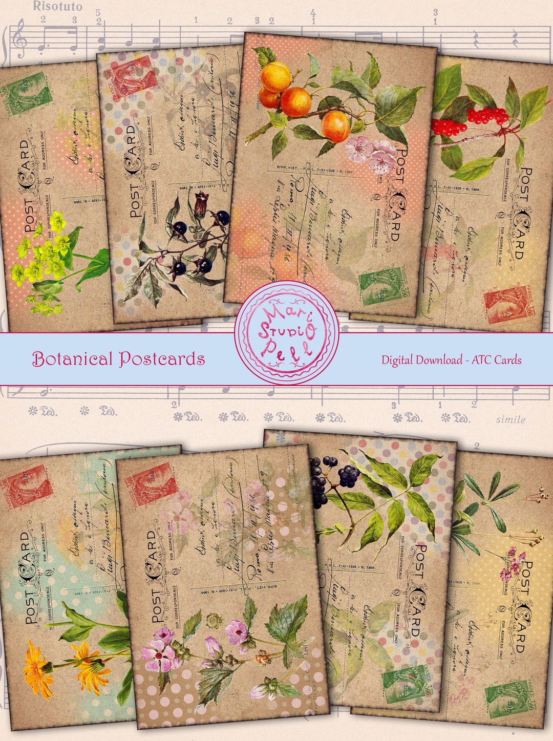 Botanical Postcards - Digital Collage Sheet Digital Cards Instant ...