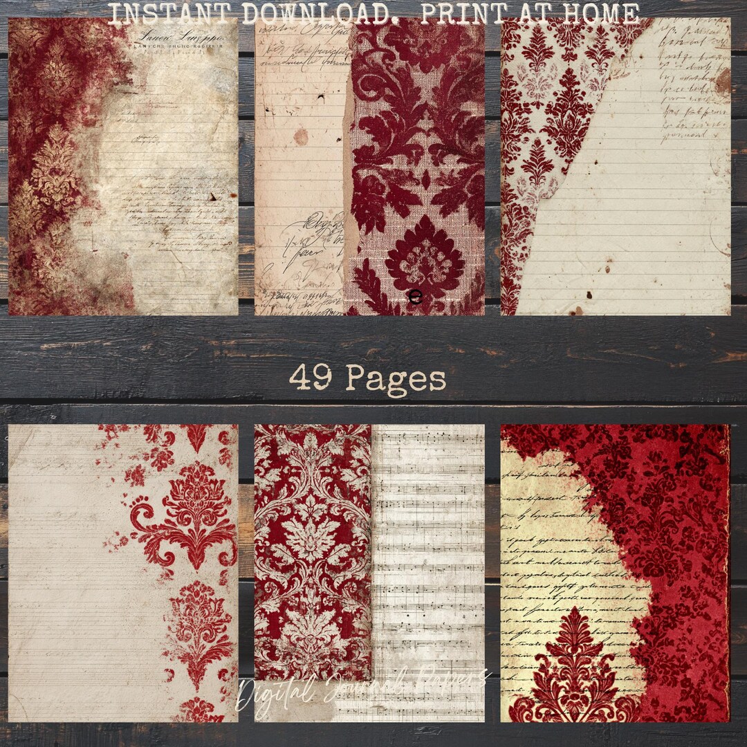 Vintage Red Damask Digital Paper Pack, Antique Scrapbook Pages (49 ...