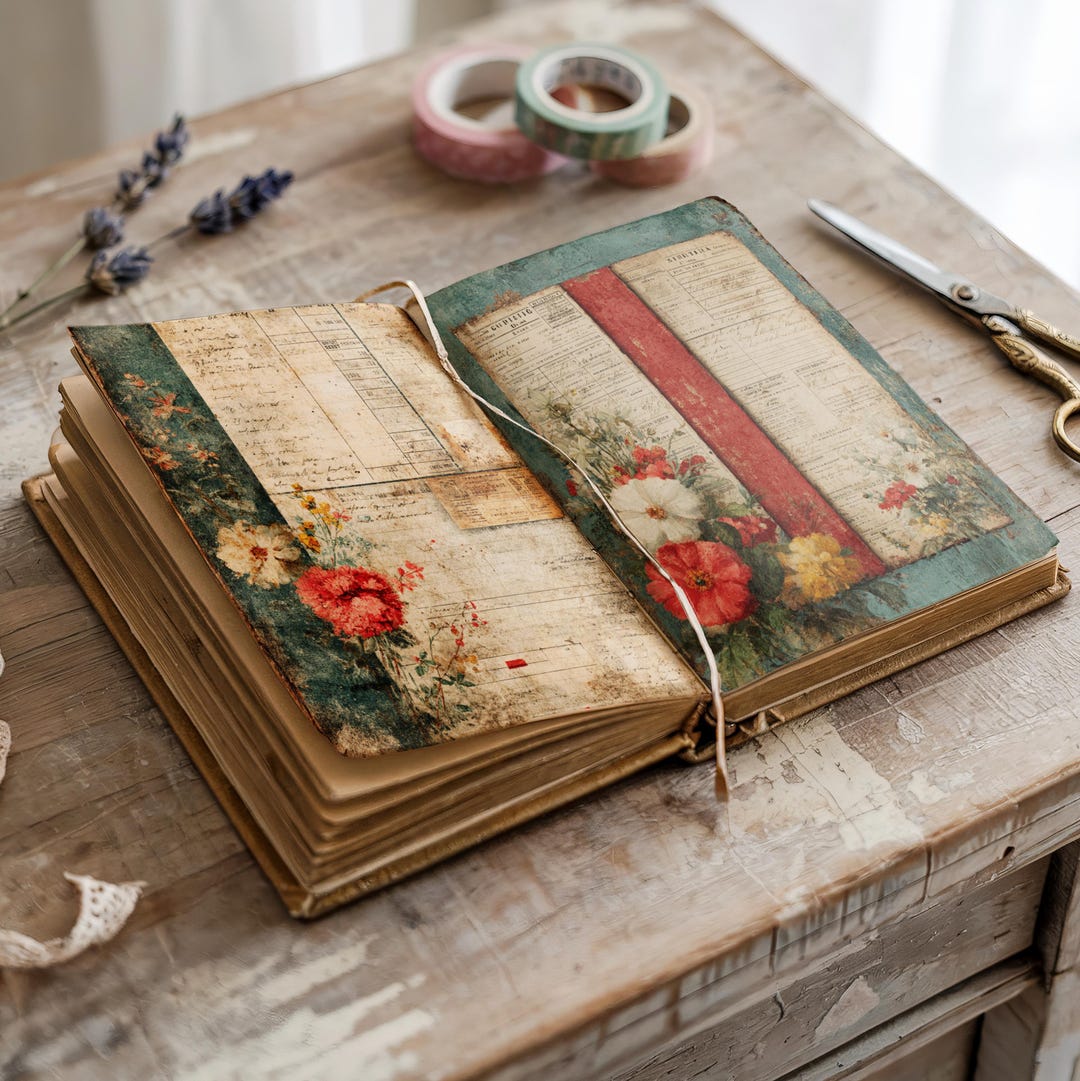 Distressed Floral Writing Paper Bundle | Vintage Ledger Junk Journal ...