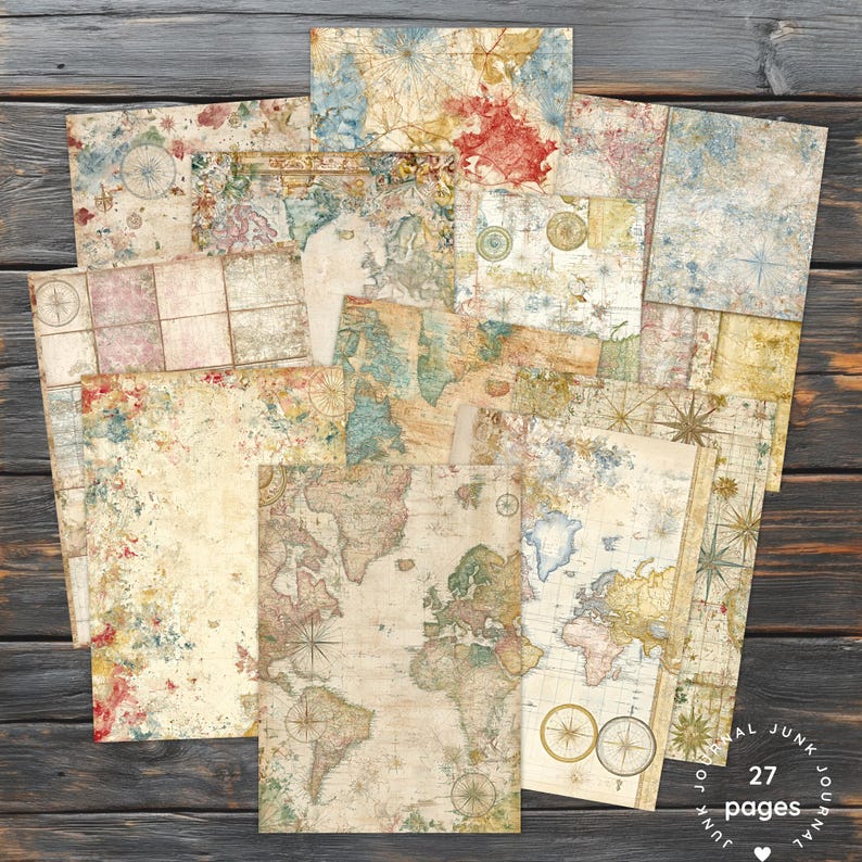 Vintage Maps Digital Paper: 27 Printable Scrapbook & Journal Pages ...