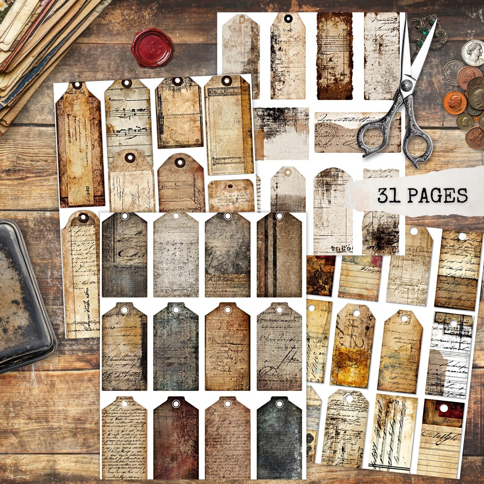 Vintage Ephemera Tags | Printable Grunge Journal Kit (PDF) - Etsy