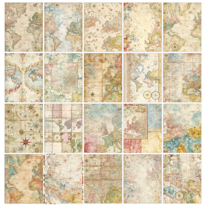 Vintage Maps Digital Paper: 27 Printable Scrapbook & Journal Pages ...