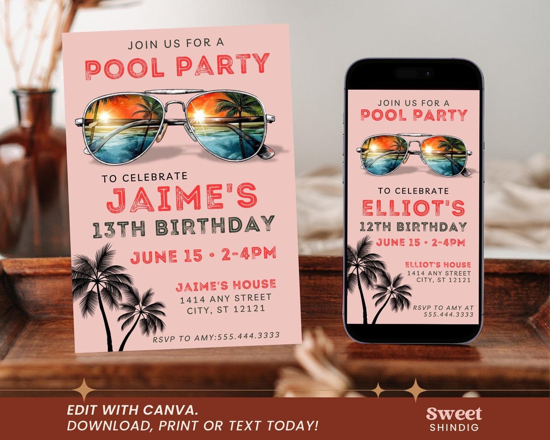 Tween Teen Teenage B-day Pool Party Invite Editable Template Editable ...