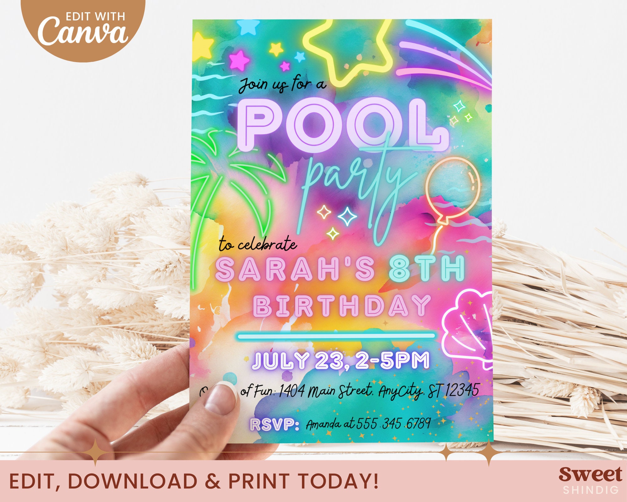 Editable Pool Party Birthday Invitation, Teenage Party Invitation, Glow ...