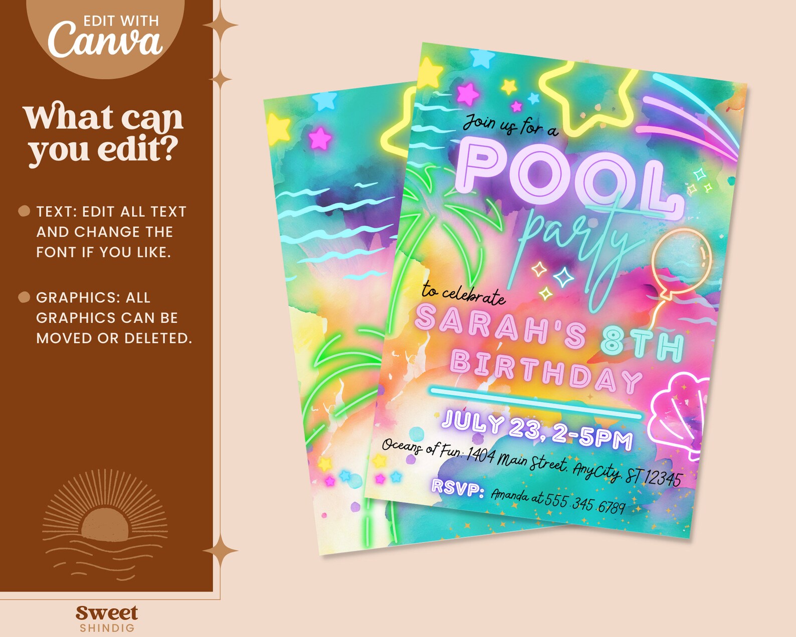 Editable Pool Party Birthday Invitation, Teenage Party Invitation, Glow ...
