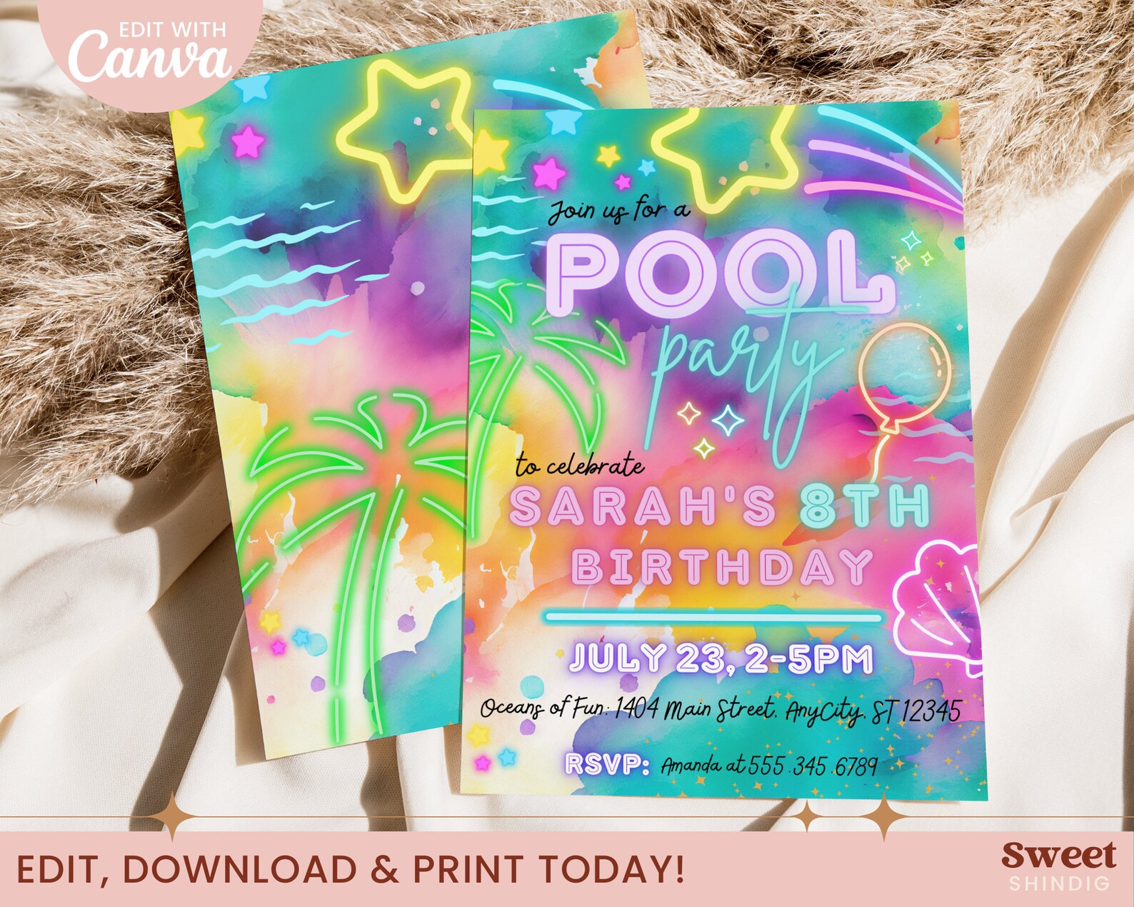Editable Pool Party Birthday Invitation, Teenage Party Invitation, Glow ...
