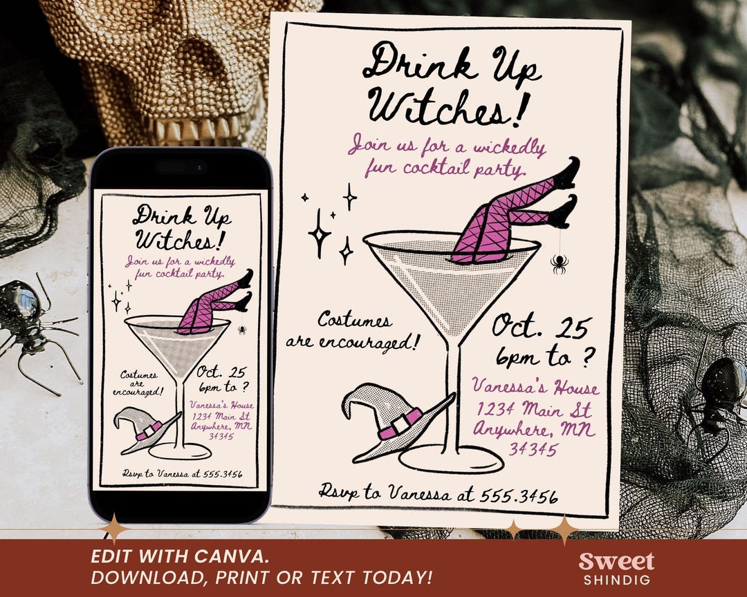 Editable Halloween Cocktail Party Invite, Scribble Invite, Hand-drawn ...