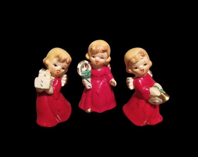 Vintage Porcelain Angel Figurines Set of Three Japan Red Dress ...