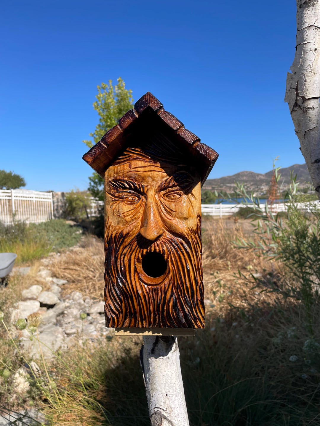 Hand Carved Wood Spirit Birdhouse: Cedar Garden Art - Etsy