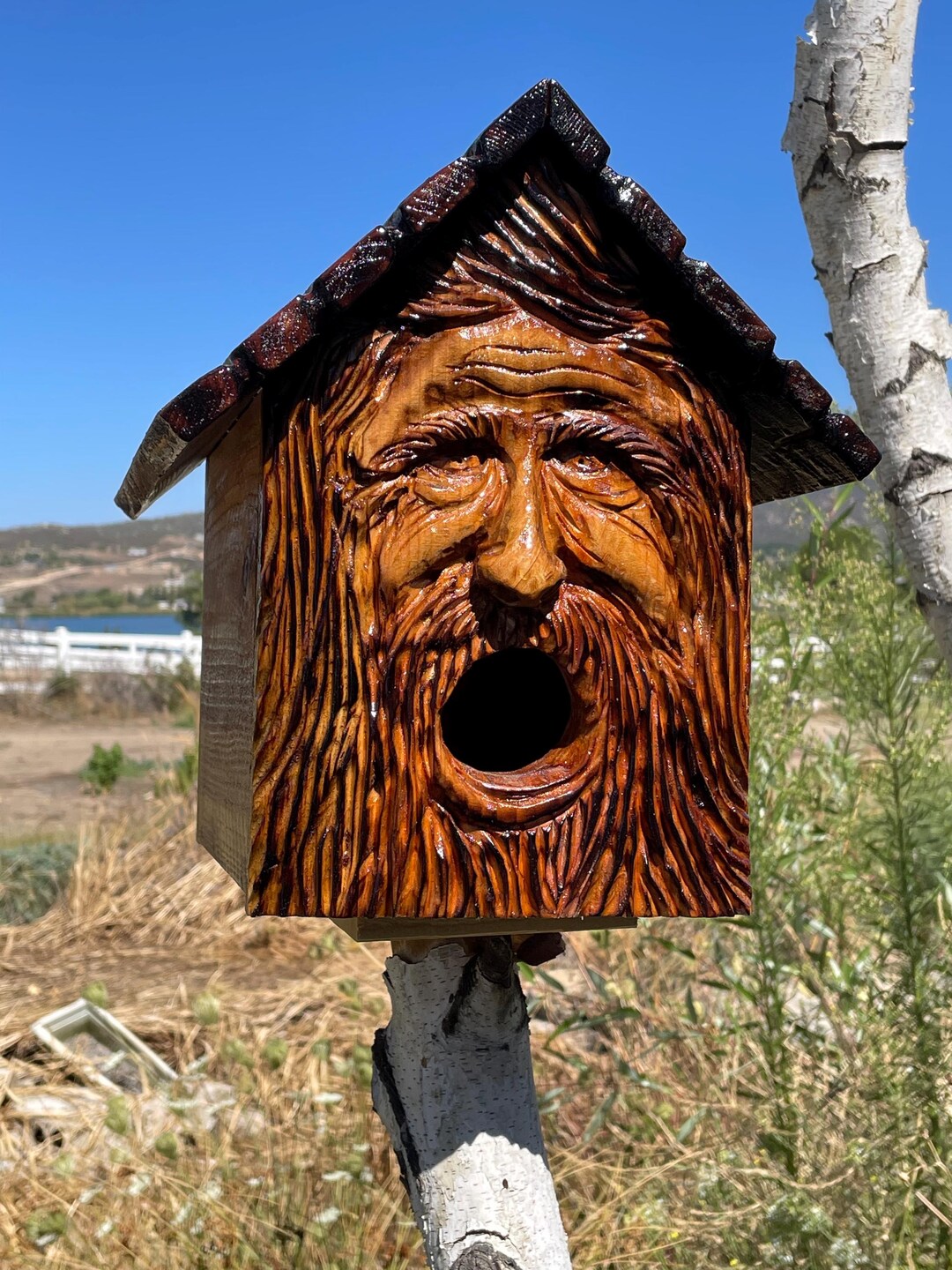 Hand Carved Cedar Wood Spirit Birdhouse: Shou Sugi Ban Garden Art - Etsy