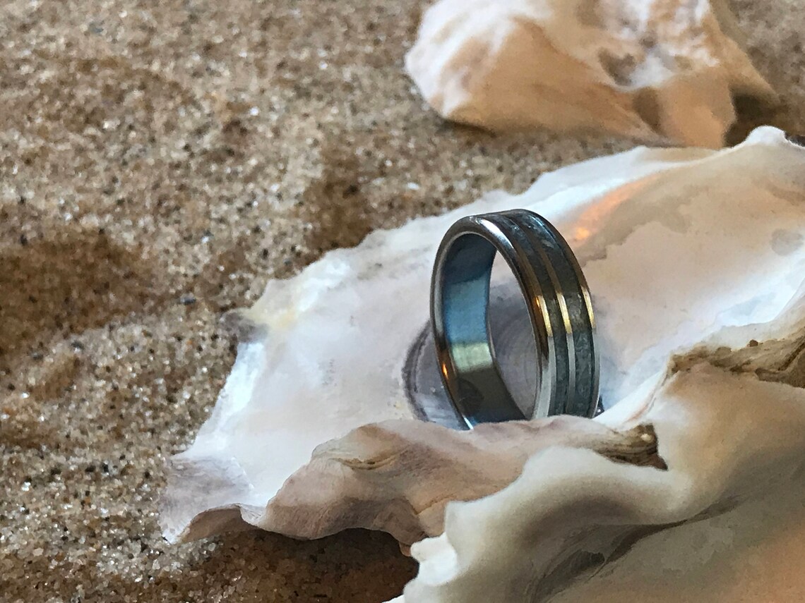 Titanium Ring, Double Inlay, Ocean Blue Anodized - Etsy
