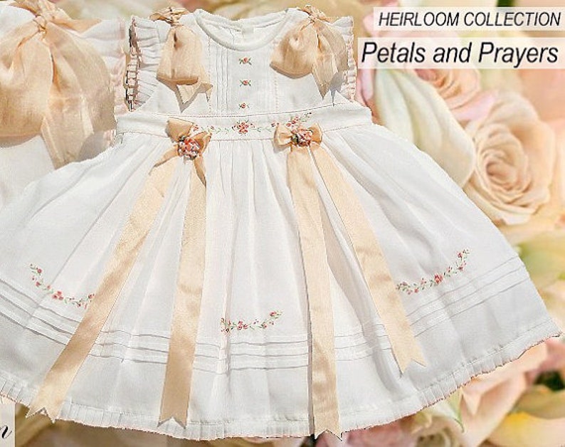 Heirloom Girls Dress, Rosette Hand Embroidered, Peach Silk Sash, Swiss ...