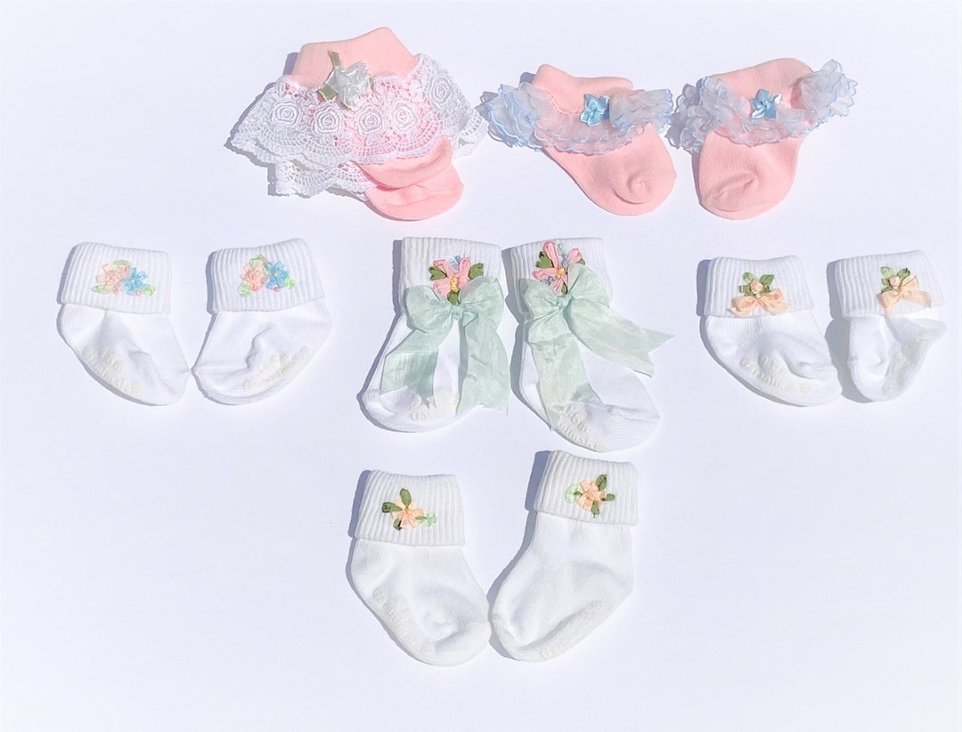 Victorian Baby Socks, Victorian Lace, Rosebud Silk Bow Booties, Girls ...
