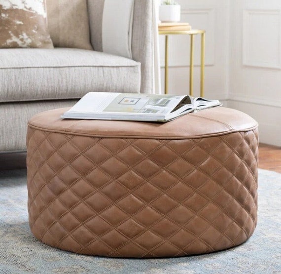 Wide Leather Round Pouf Ottoman Extra Seating Ottoman for - Etsy