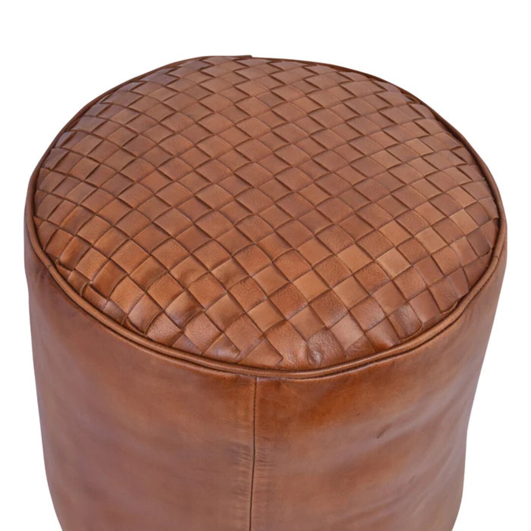 Round Tan Leather Ottoman , Extra Seating , Floor Cushion , Stool ...