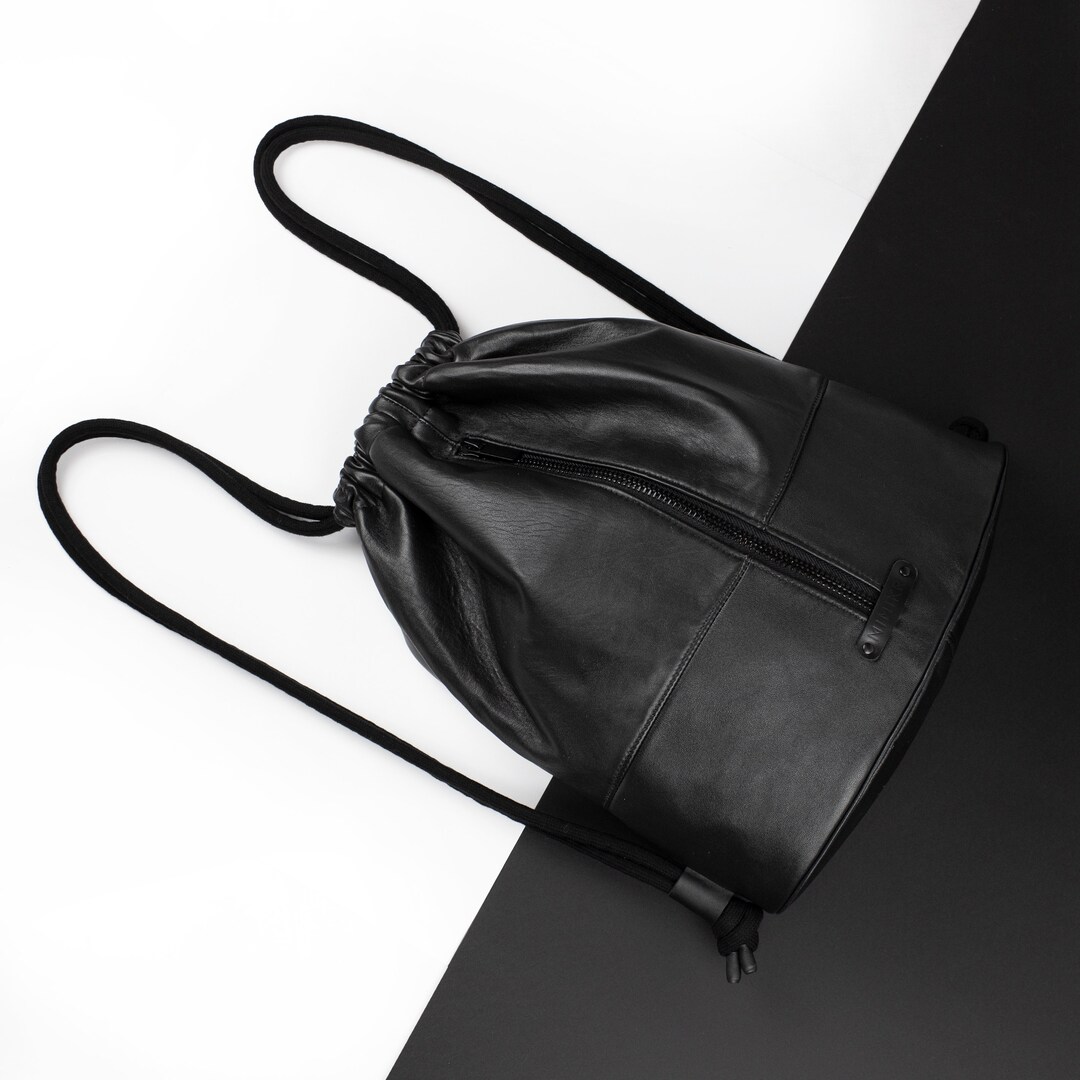 Designer Bag, Genuine Leather Black Backpack, Drawstring Gymbag Black ...