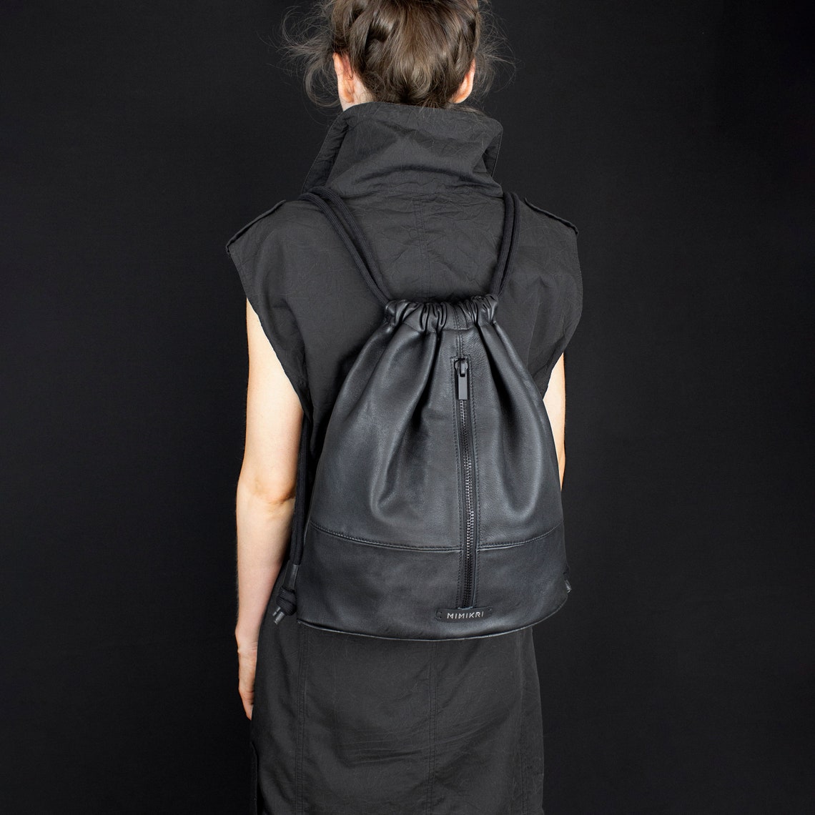 Designer Bag, Genuine Leather Black Backpack, Drawstring Gymbag Black ...