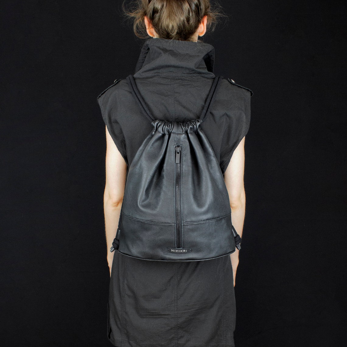 Designer Bag, Genuine Leather Black Backpack, Drawstring Gymbag Black ...