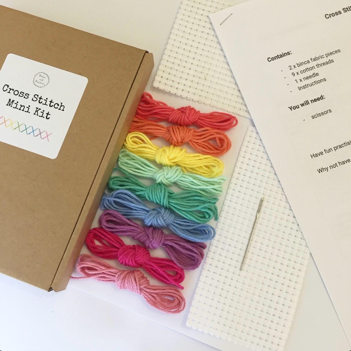 Mini Rainbow Cross Stitch Kit, Cotton Threads, Binca Fabric, Beginner ...