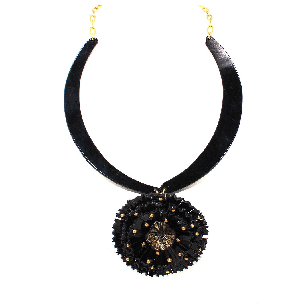 Signed Cilea Paris Black Resin Necklace With Layered Floral Pendant ...