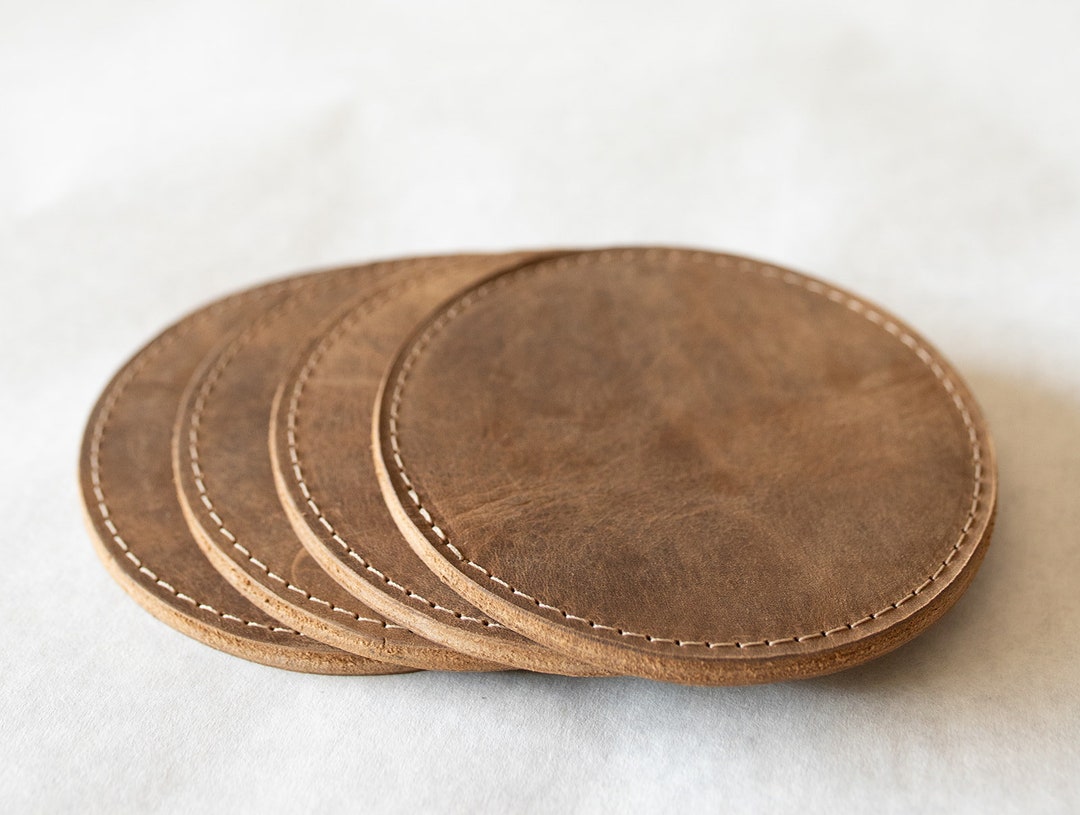 Leather Stitched Coaster Set - Etsy