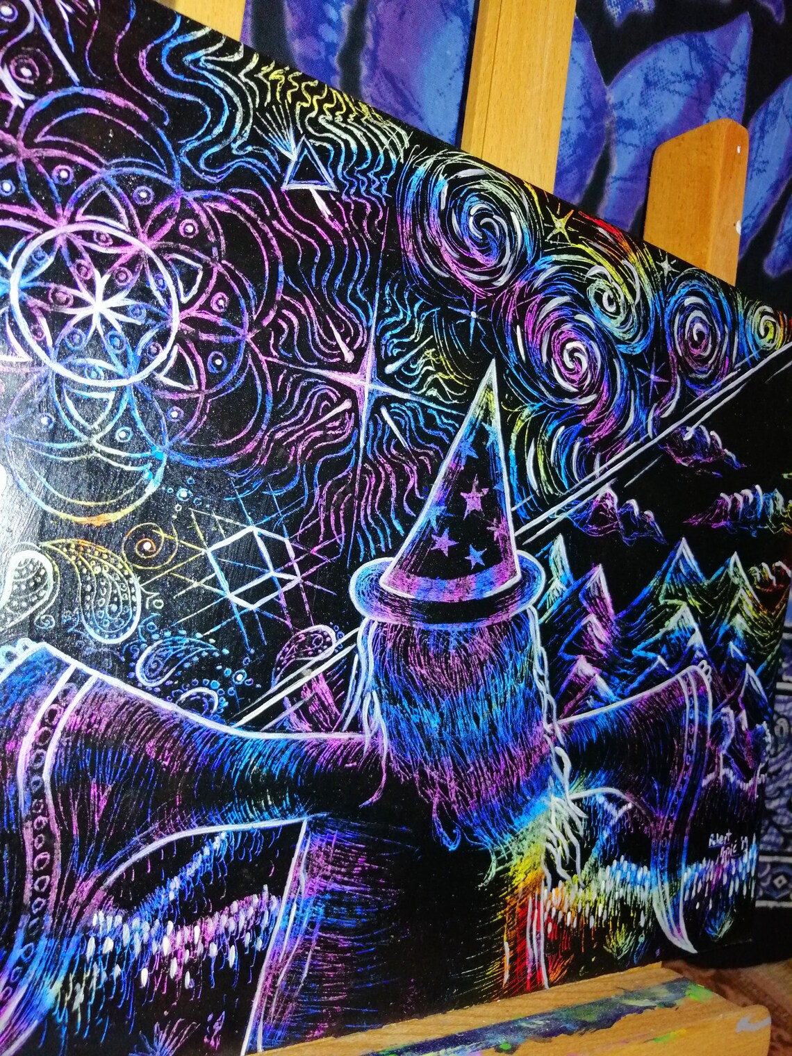 Original Psychedelic Wizard Magician Grattage Painting - Etsy