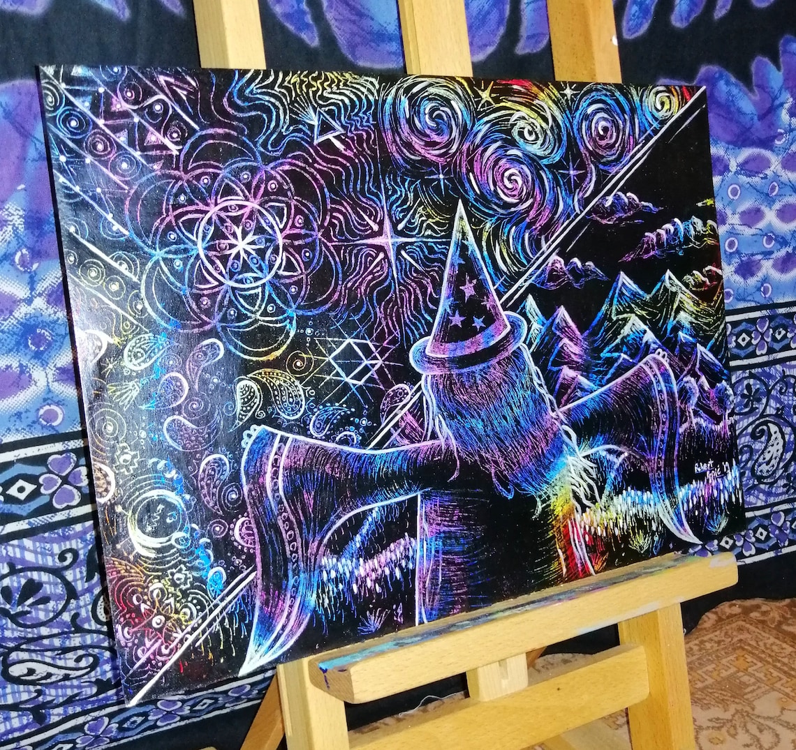 Original Psychedelic Wizard Magician Grattage Painting - Etsy
