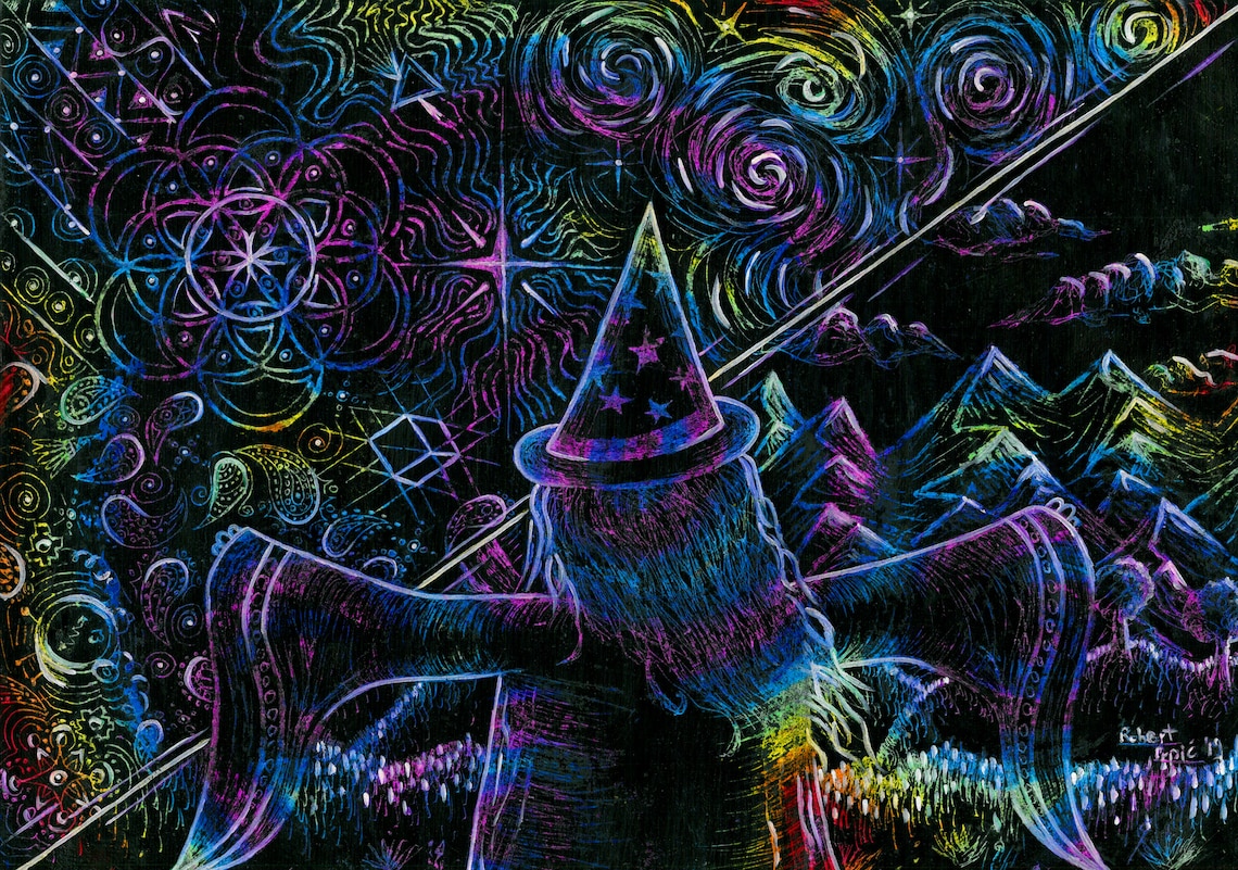 Original Psychedelic Wizard Magician Grattage Painting - Etsy