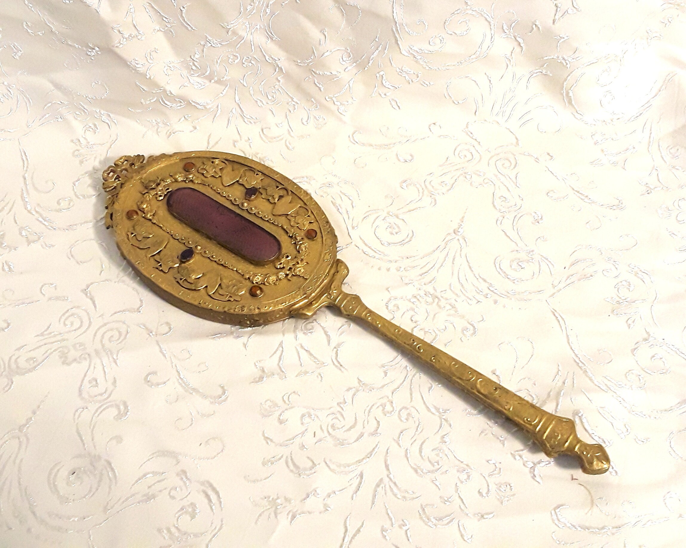 Antique Jeweled Hand Mirror Ormolu Purple Guilloche Enamel 1920s ...