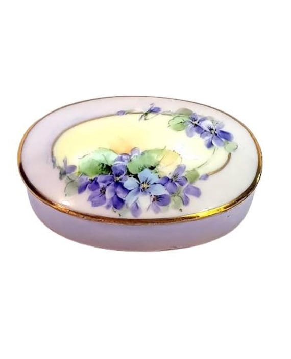 Antique Trinket Box Hand Painted Violets Victorian Ha… - Gem
