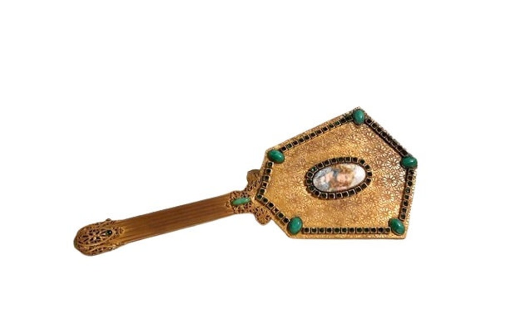 Antique Jeweled Hand Mirror Green Jewels 1920s Ormolu Filigree Vintage ...
