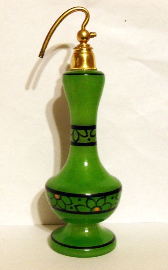 Antique Perfume Atomizer 1920s Art Deco Czech Tall Green Enameled Glass ...