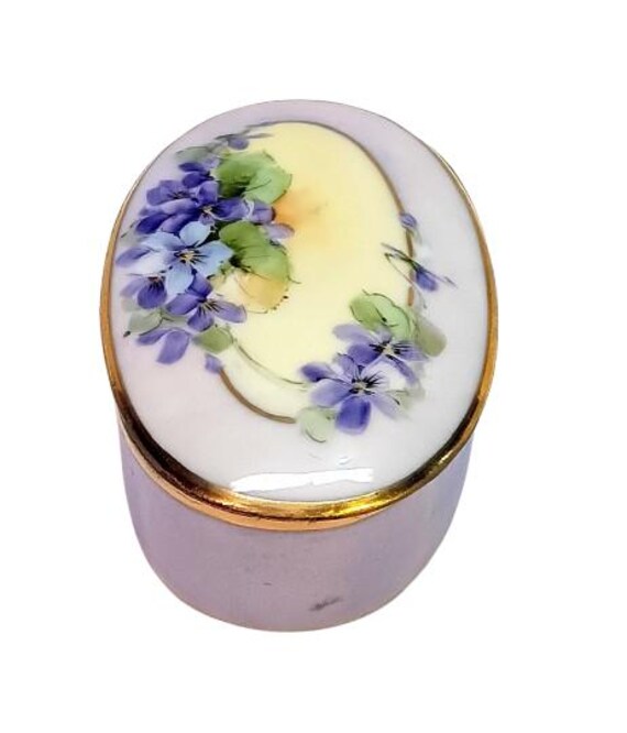 Antique Trinket Box Hand Painted Violets Victorian Ha… - Gem