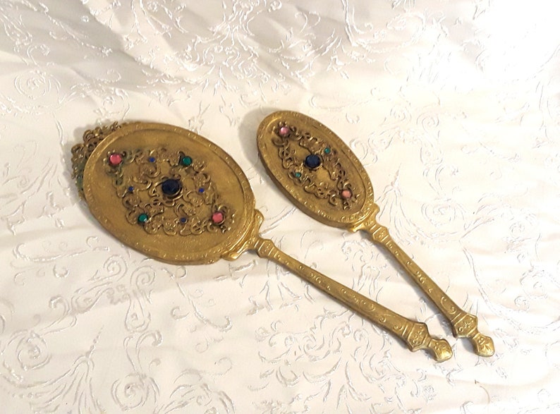 Antique Jeweled Vanity Set Hand Mirror and Brush 1920s Pink Green Blue ...